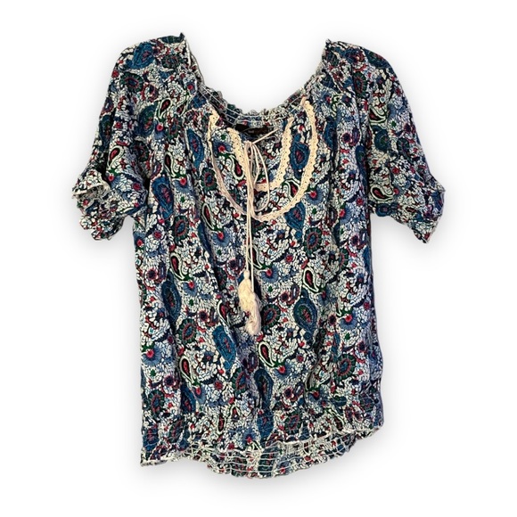 hazel | Tops | Hazel Paisley Crinkle Shirt Crochet Trim Top Boho Bright ...